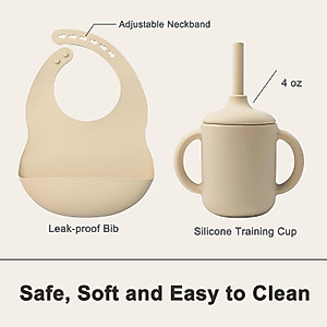 LITTLE RAWR Silicone Baby Feeding Set 14 Pcs,Baby Led Weaning Supplies, Baby Spoons Suction Bowl Divided Plate Bib Cup Finger Brush,First Stage Solid Food Eating Utensils - 6+ Months(Beige)