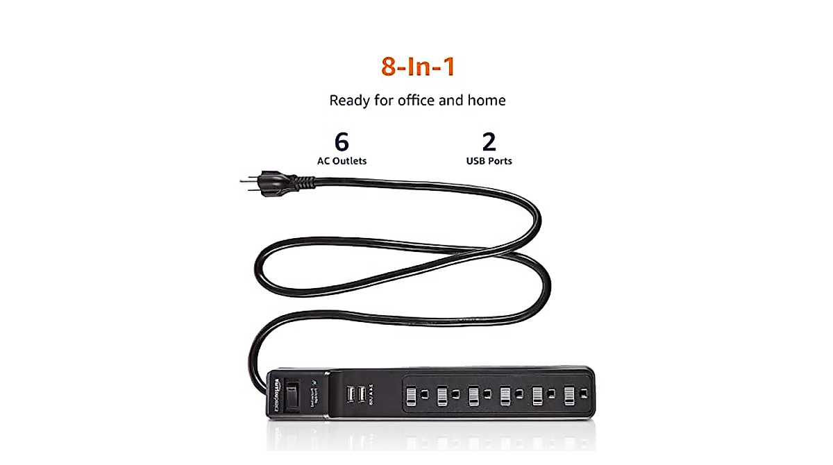 Amazon Basics Surge Protector Power Strip with USB | 6 Outlets & 2 USB ...