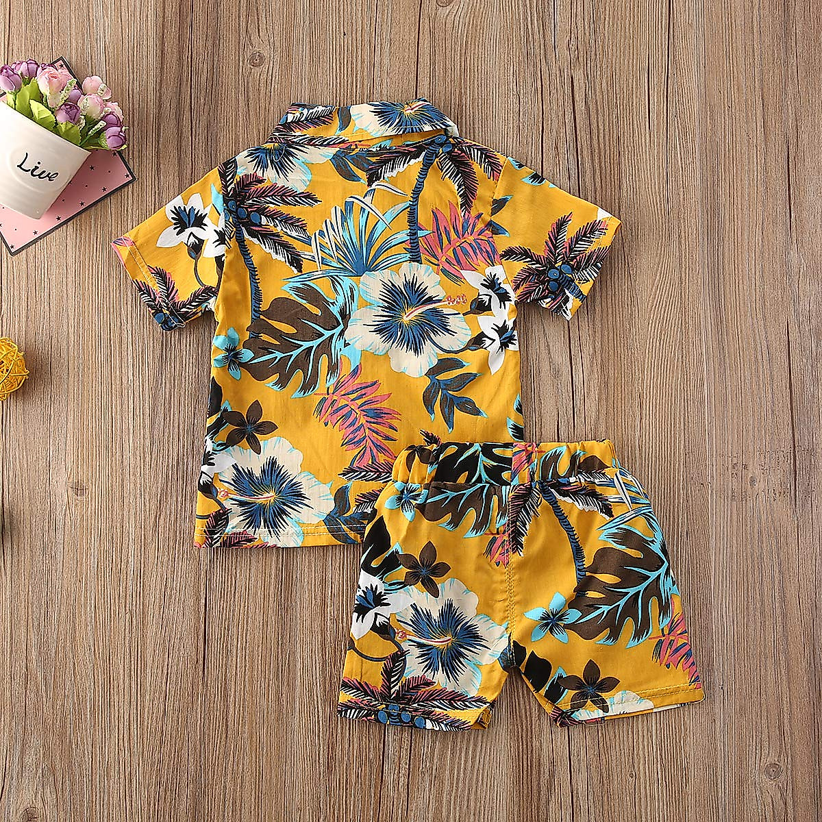 QWEP Toddler Baby Boys Summer Shorts Set Floral Outfits Button Down Shirt Top Bermuda Shorts Hawaiian Clothes 2 PCS (01 Floral Boys Shorts Coconut Yellow, 2-3T)