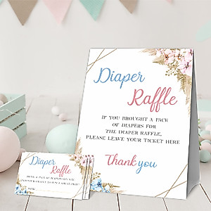JCVUK BOHO Baby Shower Games, 1 Diaper Raffle Standing Sign with 50 Diaper Raffle Tickets, Pampas Grass Bohemian Theme Gender Reveal Party Decorations and Supplies For Boys or Girls(LBLK-A02)