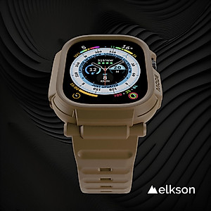 elkson Made for Apple Watch Ultra 2 1 Band case 49mm Screen Protector Tempered Glass, Quattro Pro Series Rugged for iWatch Bumper Strap Military Grade Durable Protective Cover Shock Proof Brown Tan