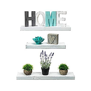 Mark One Home Goods Rustic Farmhouse 3 Tier Floating Wood Shelf - Floating Wall Shelves (Set of 3), Hardware and Fasteners Included (White, 3 Tier)