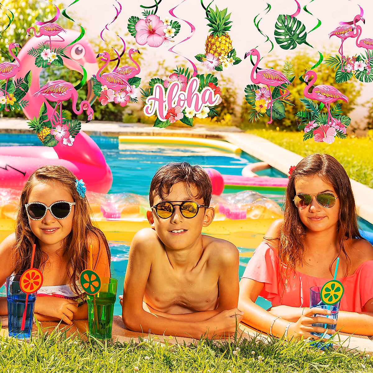 Fuutreo 54 Pcs Flamingo Party Hanging Swirl Decorations Tropical Flamingo Ceiling Hanging Swirls Hawaiian Party Ceiling Decor for Flamingo Summer Aloha Hawaiian Beach Luau Party Supplies Decor