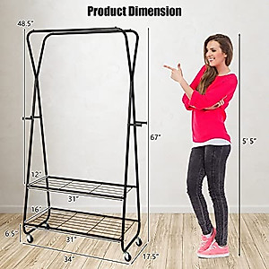 Tangkula Heavy Duty Clothes Rack with Shelves, Double Rod Rolling Garment Rack on Wheels with 4 Hooks, Portable Hanging Clothes Rack for Organizing Clothes and Shoes, Freestanding Clothing Racks