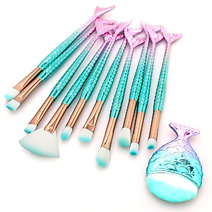 11PCS Makeup Brushes Set with Colorful Fish Tail Handle, Foundation Eyebrow Eyeliner Blush Cosmetic Concealer Brushes Women Christmas Gift Ideas Stocking Stuffers for Girls Kids Cute Make Up Tool Set