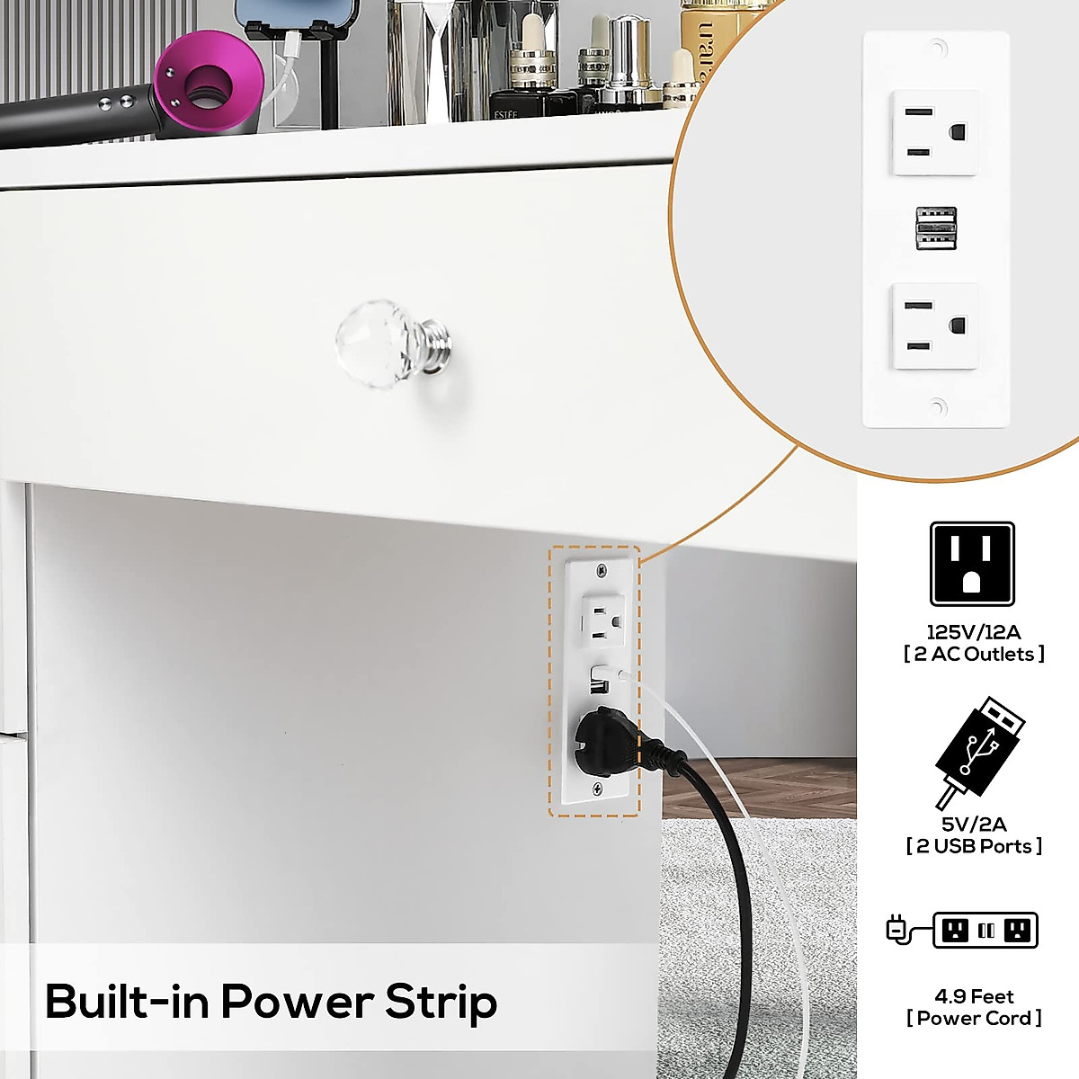 SMOOL Vanity with Lighted Mirror, Makeup Vanity Desk with Power Outlet and LED Bulbs, 3 Color Lighting Modes Adjustable Brightness, 7 Drawers Vanity Table with Cushioned Stool for Women Girls, 44'' L