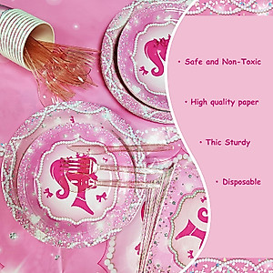 Aoerfes Girl Party Plates for Princess Pink Party Decoration, Serves 24 Guests Plates and Napkins Cup Tablecloth Dinnerware for Princess Doll Theme Girl Birthday Party Tableware