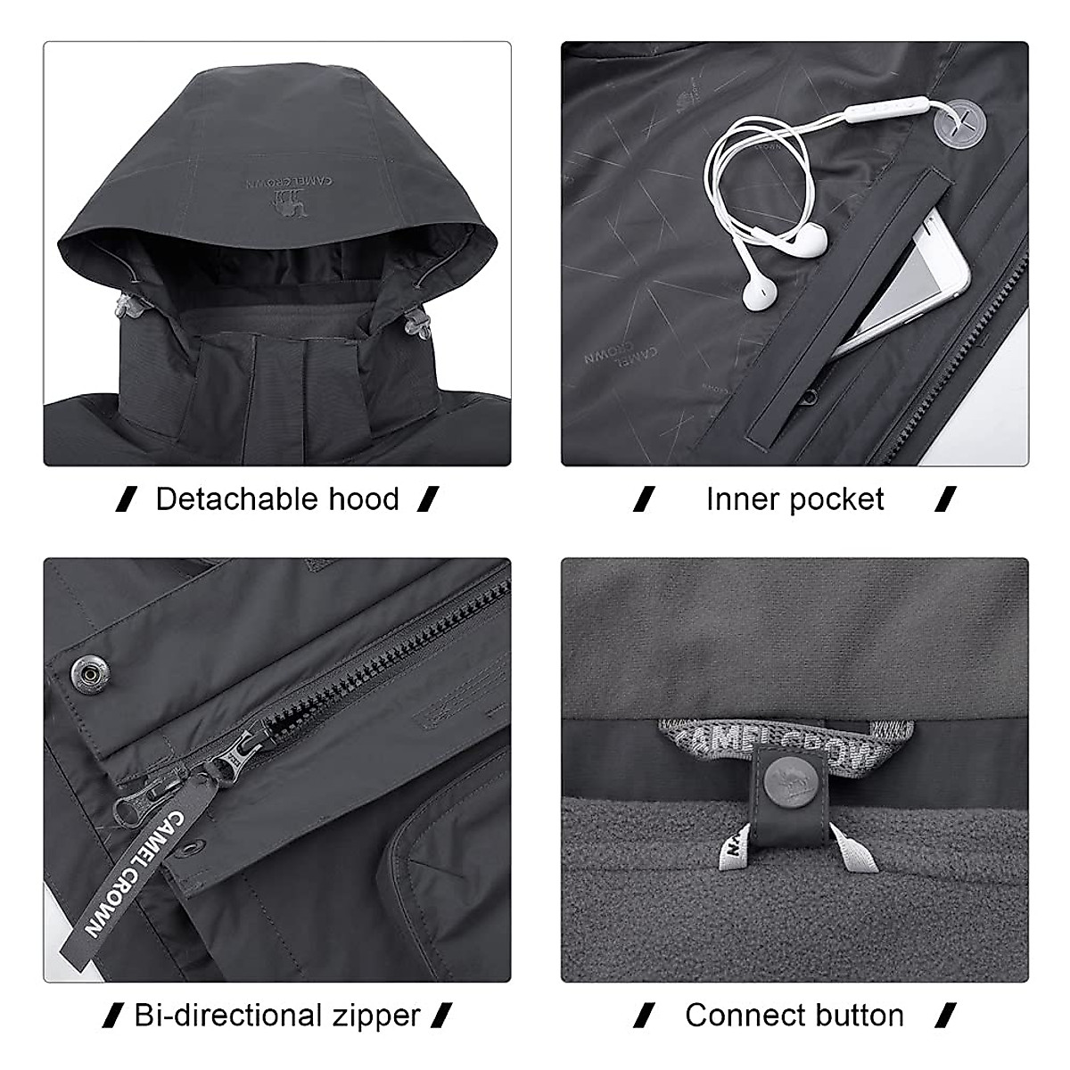 CAMEL CROWN Womens Waterproof Ski Jacket 3-in-1 Windbreaker Winter Coat Fleece Inner for Rain Snow Outdoor Hiking(Dark Grey, Medium)