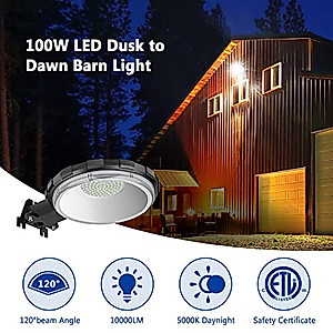 LED Barn Light, Dusk to Dawn Outdoor Lighting with 100W 10000LM 5000K Daylight, IP65 Waterproof Outdoor Security Flood Lights for Garage Yard Street Warehouse Use