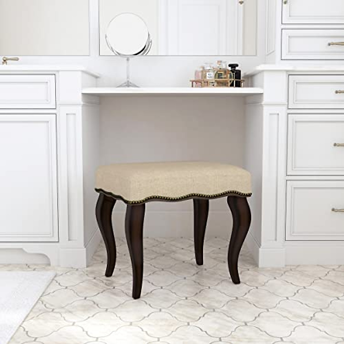 Hillsdale Furniture Hamilton Backless Vanity Stool, Burnished Oak Wood and Ivory Upholstery with Nail Head Trim