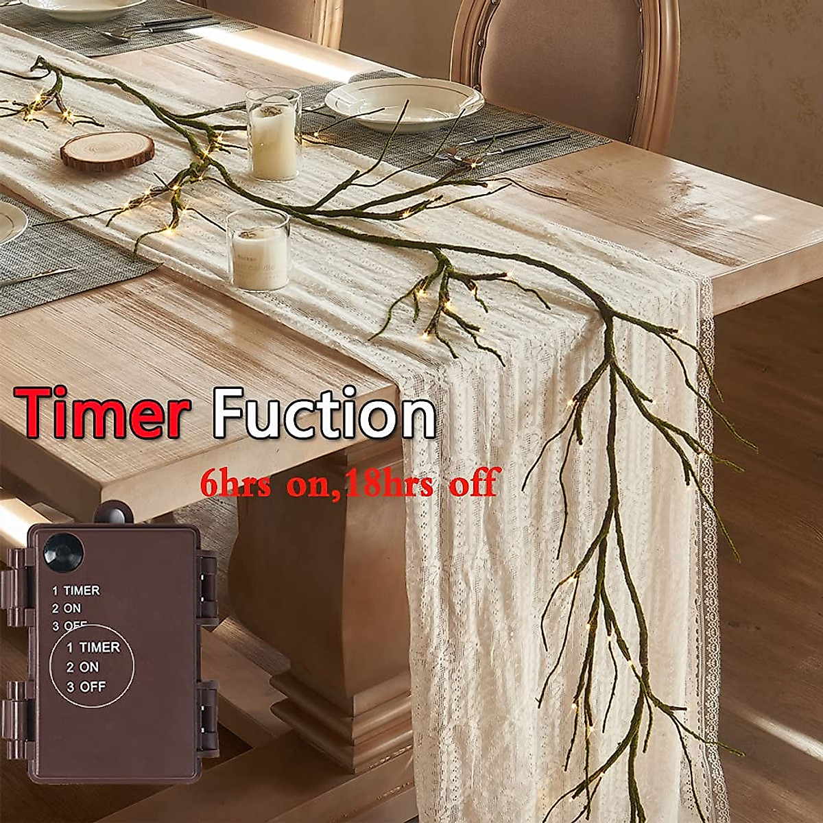 Fudios Greenery Garland with Lights for Mantle with Timer 48 LED 6FT Mossy Vine Garland Lights for Table Centerpieces Indoor Outdoor