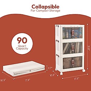 PROKTIK 30 QT 3 Tier Folding Storage Bins with Doors – Magnetic Door Foldable Storage Cabinet - Folding Storage Box with Leather Handles - Stackable and Collapsible Storage Container for Books, Pantry