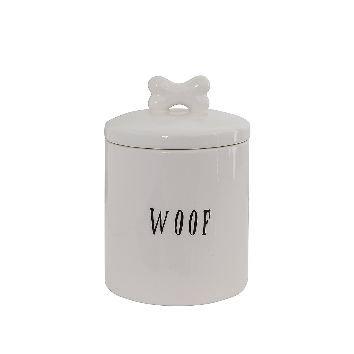 Creative Co-Op Farmhouse Ceramic Jar with "Woof" Message and Lid with Bone, White and Black