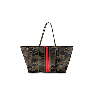 Haute Shore - Greyson Soho Neoprene Tote Bag w/Zipper Wristlet Inside, Green Camo W/Olive, Black, & Red Stripe