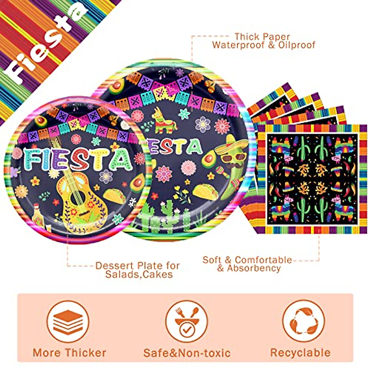 Mexican Fiesta Party Tableware Set,Mexican Party Supplies Decorations，Including 25 Disposable 9&7inch Paper Plates,25 Napkins and 1 Tablecloth for Fiesta Theme Birthday Party, 25 Guests