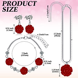 Fiada 1 Set Resin Rose Jewelry Red Necklaces with Diamond Flower Vintage Jewelry Dangle Necklace and Earring Sets for Women Pendent Bracelet for Bride Wedding Valentine Gifts