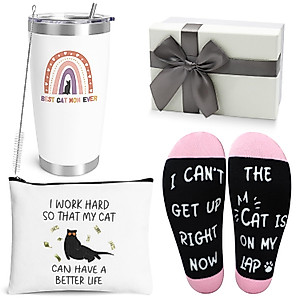 UAREHIBY Cat Mom Gifts for Women,20 OZ Wine Tumbler Gifts for Cat Lovers,Crazy Cat Lady Gifts with Cosmetic Bag,Funny Cat Themed Things with Socks Birthday Gifts for Women,Friend,Cat Stuff