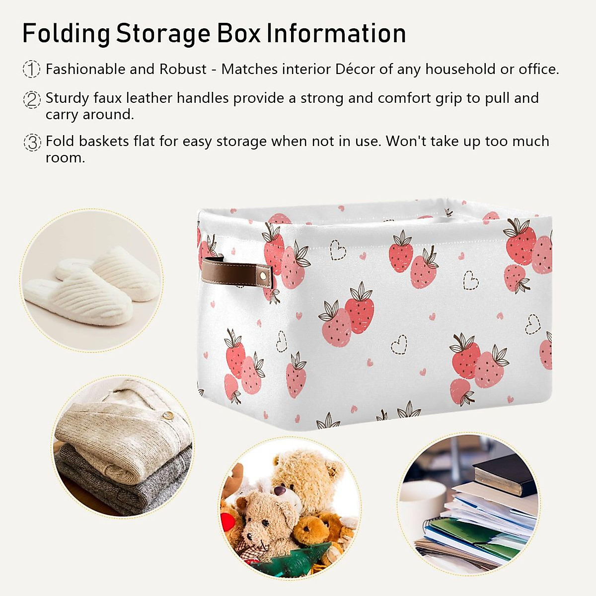 Qilmy Strawberry Pattern Storage Basket with Handles for Organizing, Collapsible Canvas Shelves Storage Bins for Home Closet Bedroom Living Room