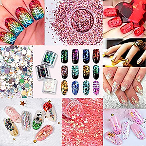 Warmfits Holographic Chunky Glitter 12 Colors Total 120g Face Body Eye Hair Nail Festival Chunky Holographic Glitter Different Size Stars and Hexagons Shaped (Set A)