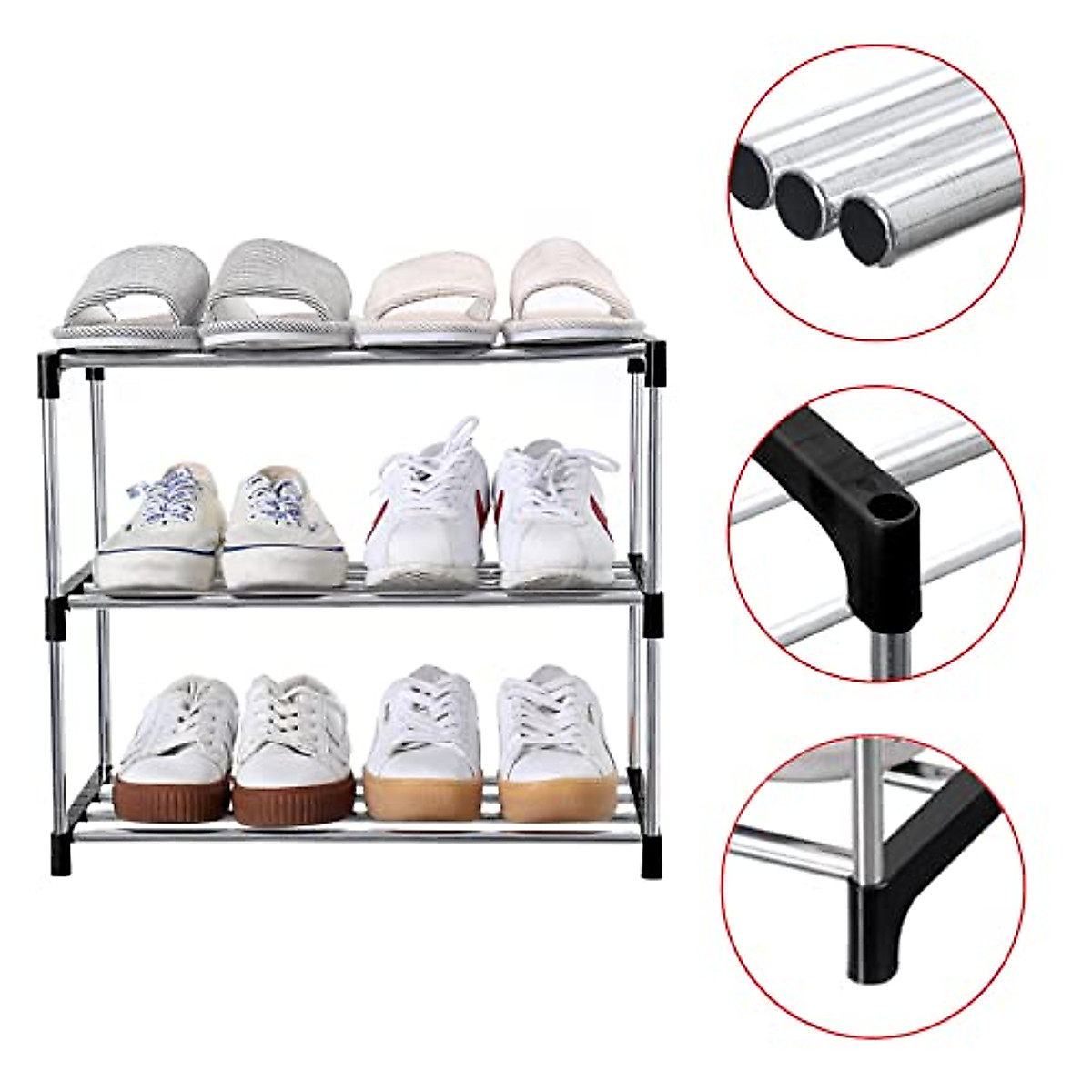 Jucaifu Stackable Small Shoe Rack, Entryway, Hallway and Closet Space Saving Storage and Organization (3-Tier, Black)