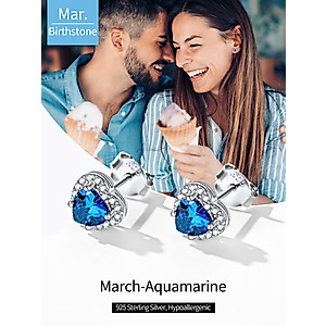 ChicSilver Women March Birthstone Jewelry 925 Sterling Silver Heart Blue Aquamarine Stud Halo Earrings 7mm Birth Stone Hypoallergenic Earrings for Women