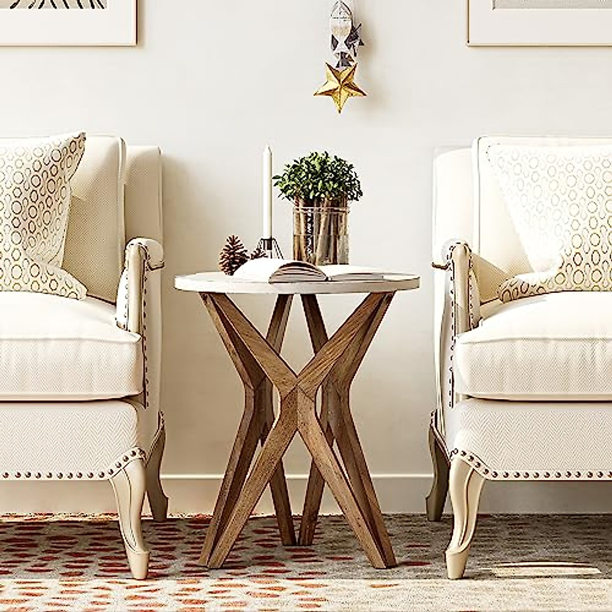 COZAYH Pedestal Farmhouse End Table, Distressed White Top with Tripod Base for Modern Farmhouse, Boho Decor, Round, 20D x 20W x 23.25H in