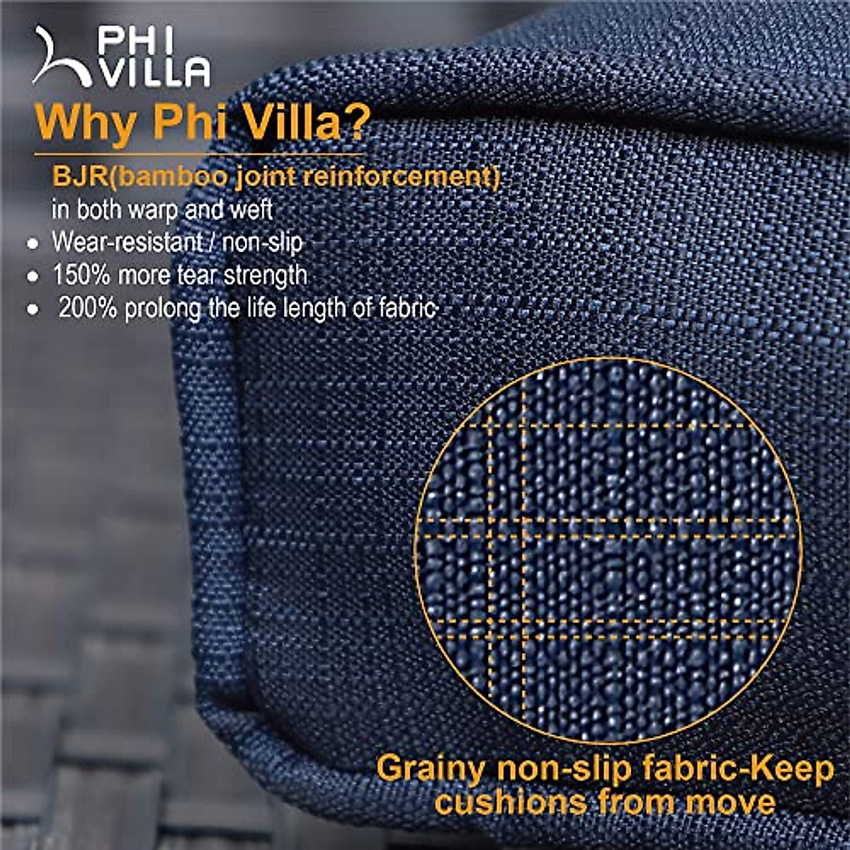 PHI VILLA 77" Wide Outdoor Rattan Sectional Sofa with Cushions - Small Patio Wicker Furniture Set (3 - Person Seating Group, Navy Blue)