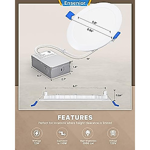 Ensenior 12 Pack 6 Inch Ultra-Thin LED Recessed Ceiling Light with Junction Box, 5000K Daylight, 12W 110W Eqv, Dimmable Can-Killer Downlight, 1050LM High Brightness - ETL and Energy Star Certified