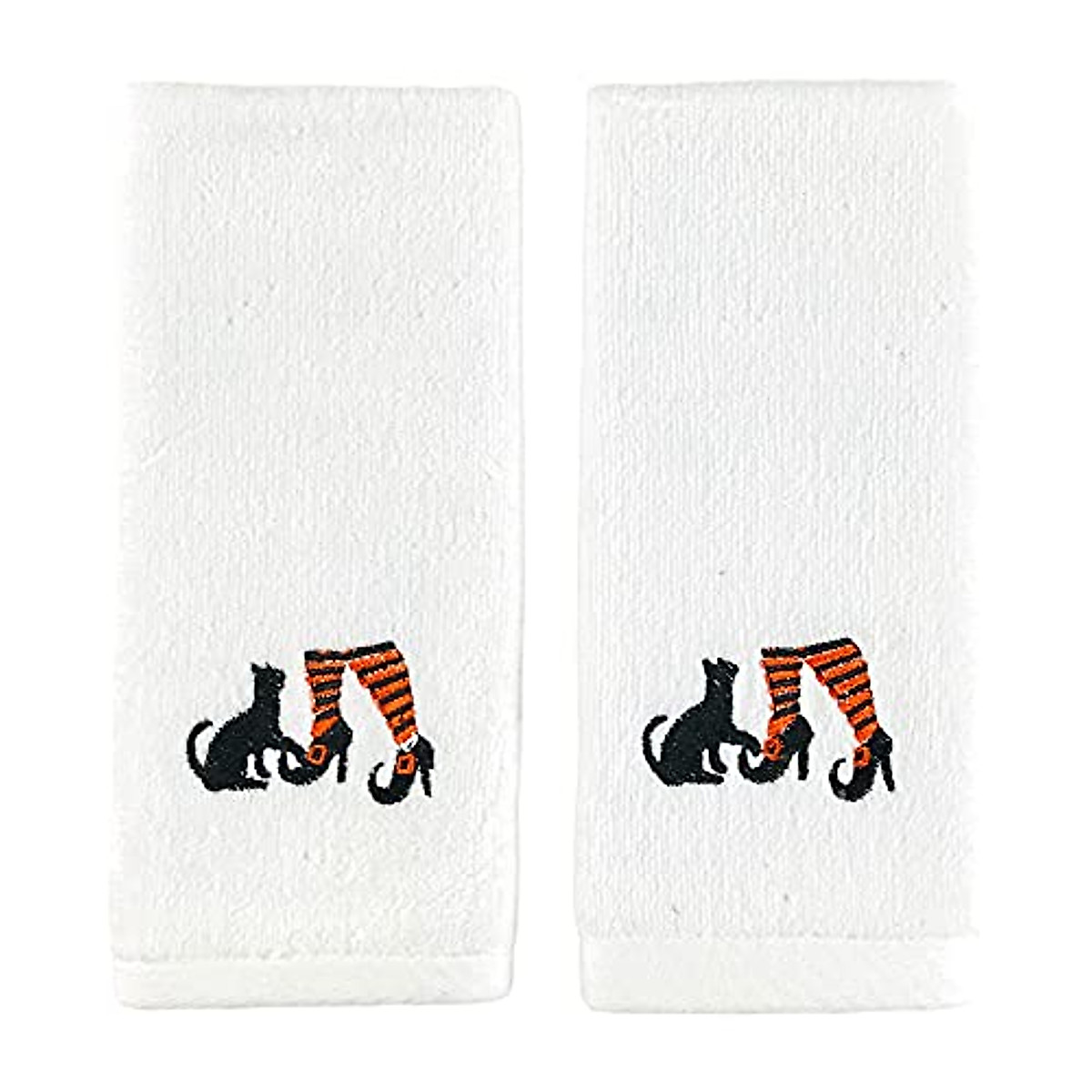 Serafina Home Decorative Halloween Fingertip Towels: Plush White Embroidered Cotton Witch Shoes with Cat Design, 2 Piece Set, 11" x 18" Inch Each (White)
