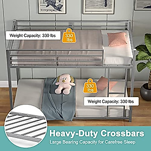 DORTALA Bunk Bed Twin Over Twin, Twin Bunk Beds w/Guardrail & Ladder, Metal Bunk Bed for Dormitory & Multiple-Child Family, Twin Bunk Beds for Toddler, Kids, Silver