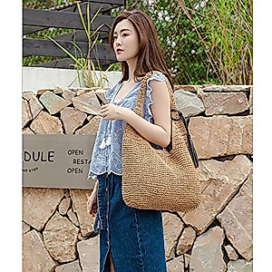 QTKJ Hand-woven Soft Large Straw Shoulder Bag with Black Tassels Boho Straw Handle Tote Retro Summer Beach Bag Rattan Handbag (Brown)