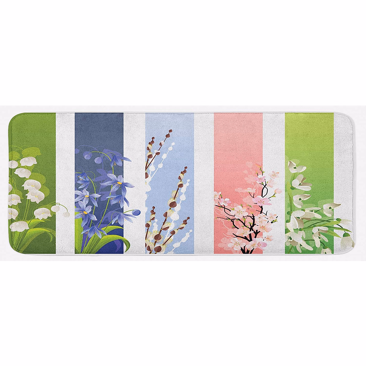 Ambesonne Flower Kitchen Mat, Spring Flowers on Different Backgrounds Lily Blossoms Valley Primrose Floral Print, Plush Decorative Kitchen Mat with Non Slip Backing, 47" X 19", White Green