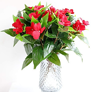 Xilyya 2PCS Artificial Impatiens Bushes Silk Flowers Greenery Indoor Garden Office Wedding Decor (Red)