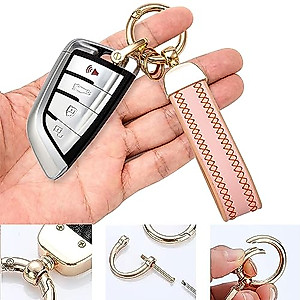 Cloud pie Genuine Leather Car Keychain, Universal Key Fob Holder with 360 Degree Rotatable, Anti-Lost D-Ring (Pink)