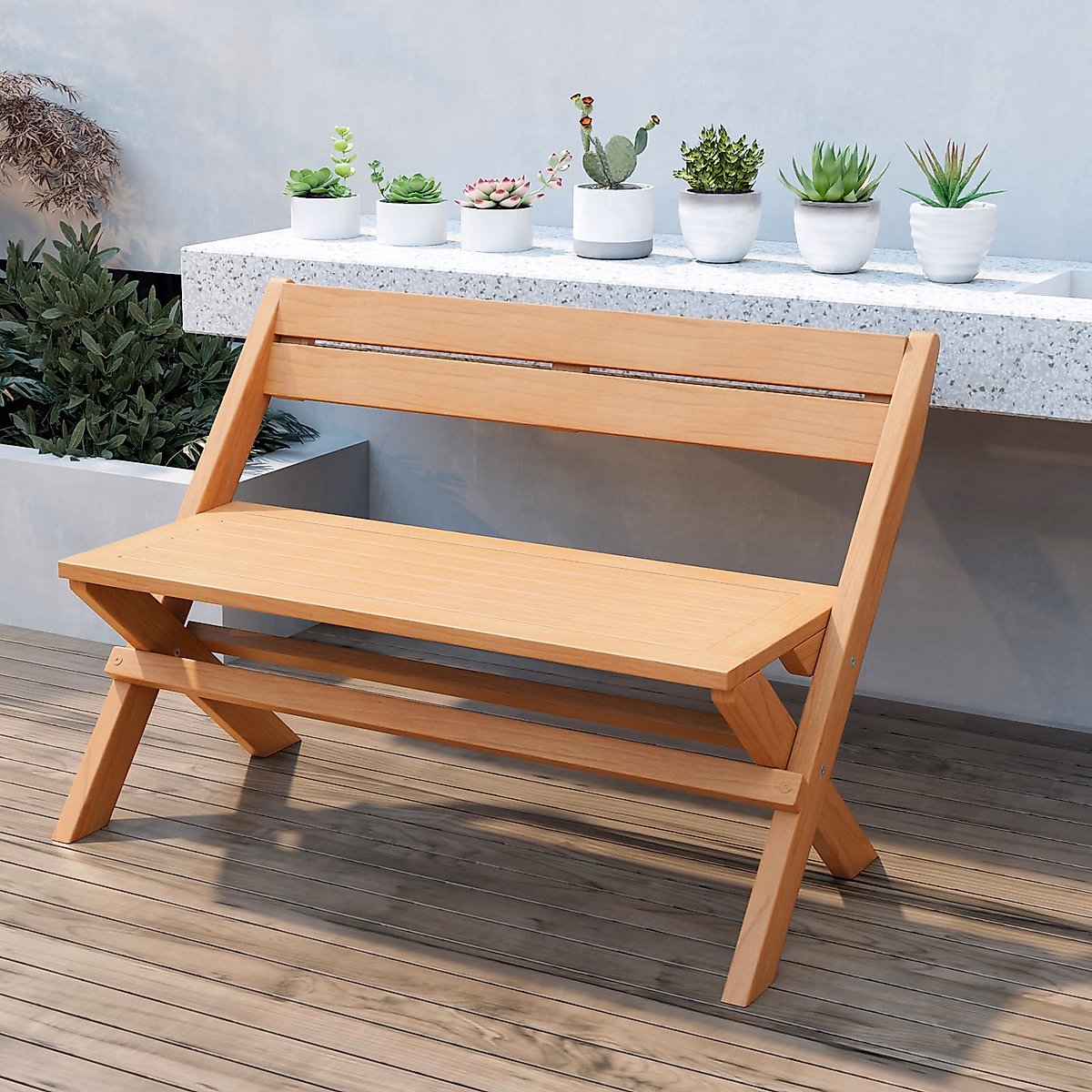Giantex Wood Outdoor Bench Folding - 2-Person Patio Garden Bench with Solid Teak Wood Structure, Natural Appearance, Foldable Park Bench for Patio, Porch, Backyard, Poolside, Outside Bench Seat