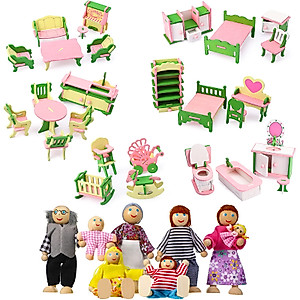6 Sets of Wooden Dollhouse Furniture Set with 8 Dollhouse Family Figures 1:12 Playhouse Miniature Wood Toy Furniture and Accessories Kitchen, Bathroom, Living Room, Bedroom Pretend Play Toys