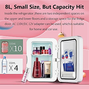 ROLTIN Portable Mirrored Beauty Fridge, With Led Mirror, 8L Capacity Portable Mini Fridge, Hot And Cold, Car And Home Dual Use Mini Fridge Skincare, For Bedroom, Office And Car,White (White)