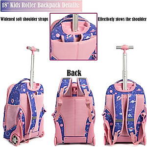 Egchescebo Kids Rolling Unicorn School Backpack for Girls Luggage Suitcase With Wheels Trolley Wheeled Backpacks Travel Bags 18' 3PCS Girls Unicorn With Lunch Box Purple