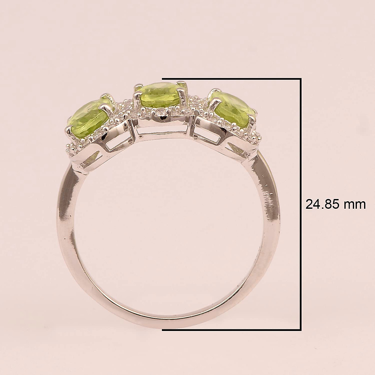 MOONEYE Trio Stone Ring! 7X5MM Oval Green Peridot Gemstone 925 Sterling Silver Bridal Wedding Ring (Silver, 9)