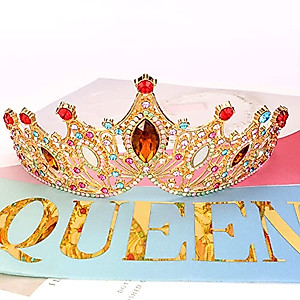 Birthday Queen Sash and Tiara for Women Crystal Tiara and Satin Kit for Girl Rhinestones Crown with Comb Glitter Hair Accessories for Prom Party Decoration Cake Topper Accessory Set with Pins