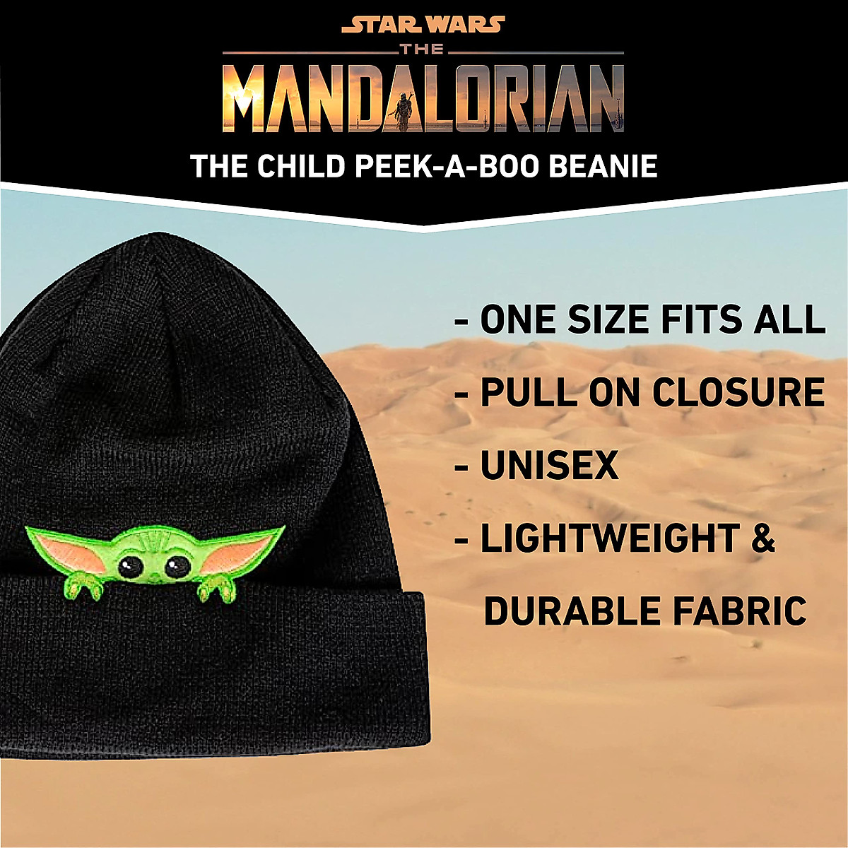 Star Wars The Mandalorian Grogu Peek-A-Boo Knitted Cuffed Beanie, Black, One Size