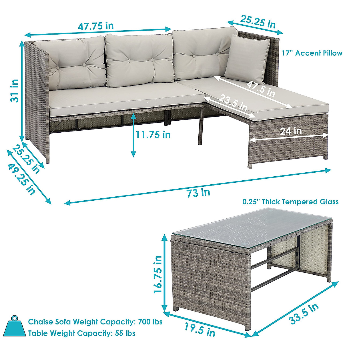 Sunnydaze Longford Outdoor Patio Sectional Sofa Set - Backyard Brown Rattan Wicker Chaise Lounge Furniture with Coffee Table and Thick Cushions - Conversation Set - Slate Gray Cushions