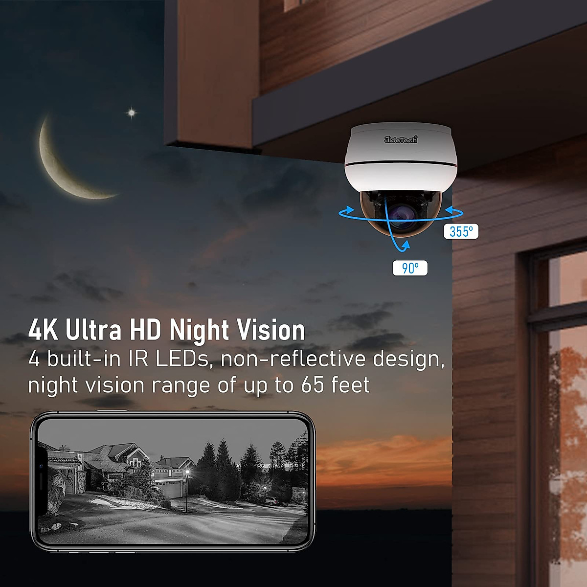 JideTech Outdoor 4K PTZ POE Camera, 8MP IP Dome Camera with 5X Optical Zoom, IR Night Vision Human/Motion Detection, Built in 2-Way Audio, Pan/Tilt, SD Card Slot