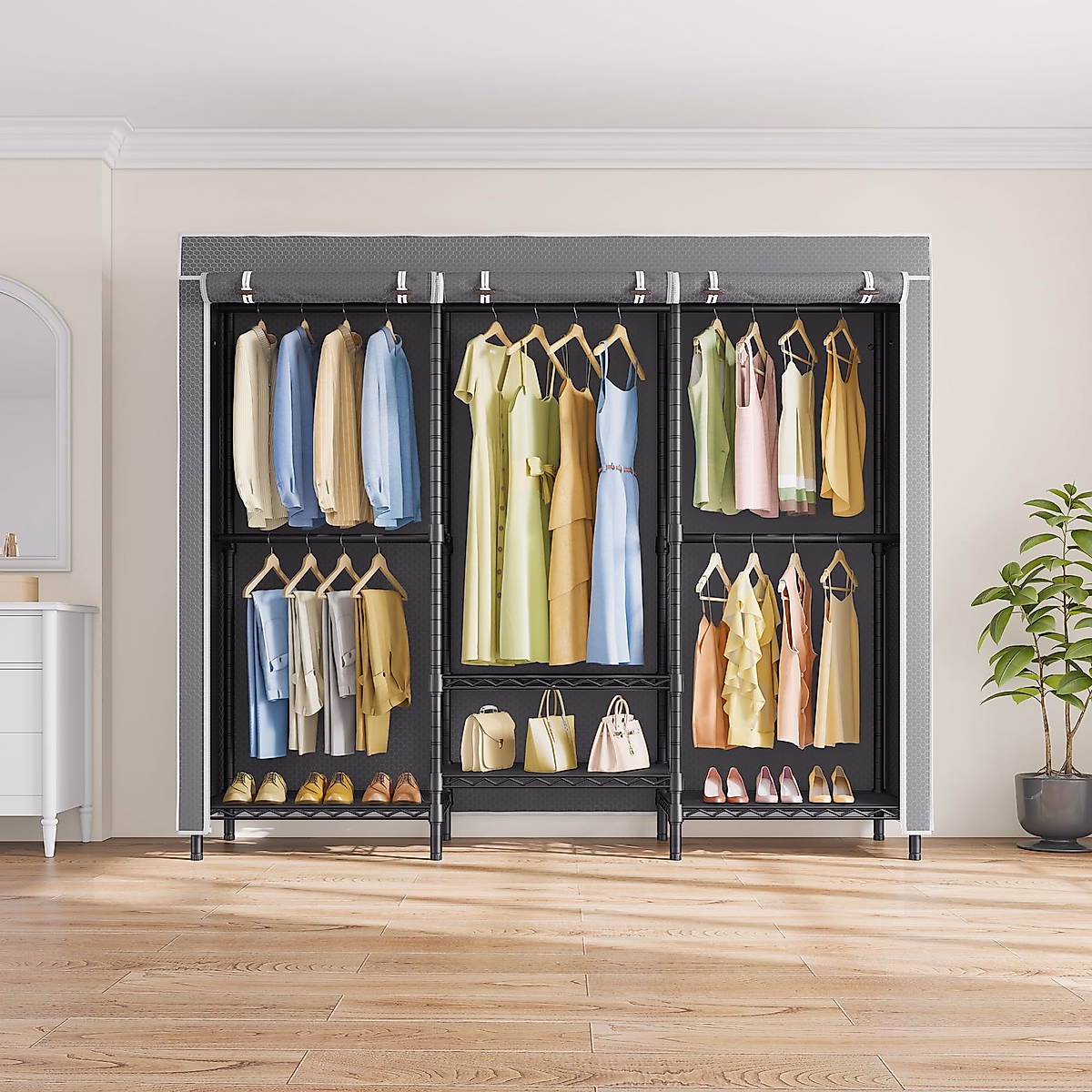 VIPEK V5C SE Covered Garment Rack Heavy Duty Clothes Rack with Cover Roll-up, Metal Closet Organizer, Portable Closet Rack Armoire Clothing Storage Wardrobe Closet, Black Clothing Rack with Grey Cover