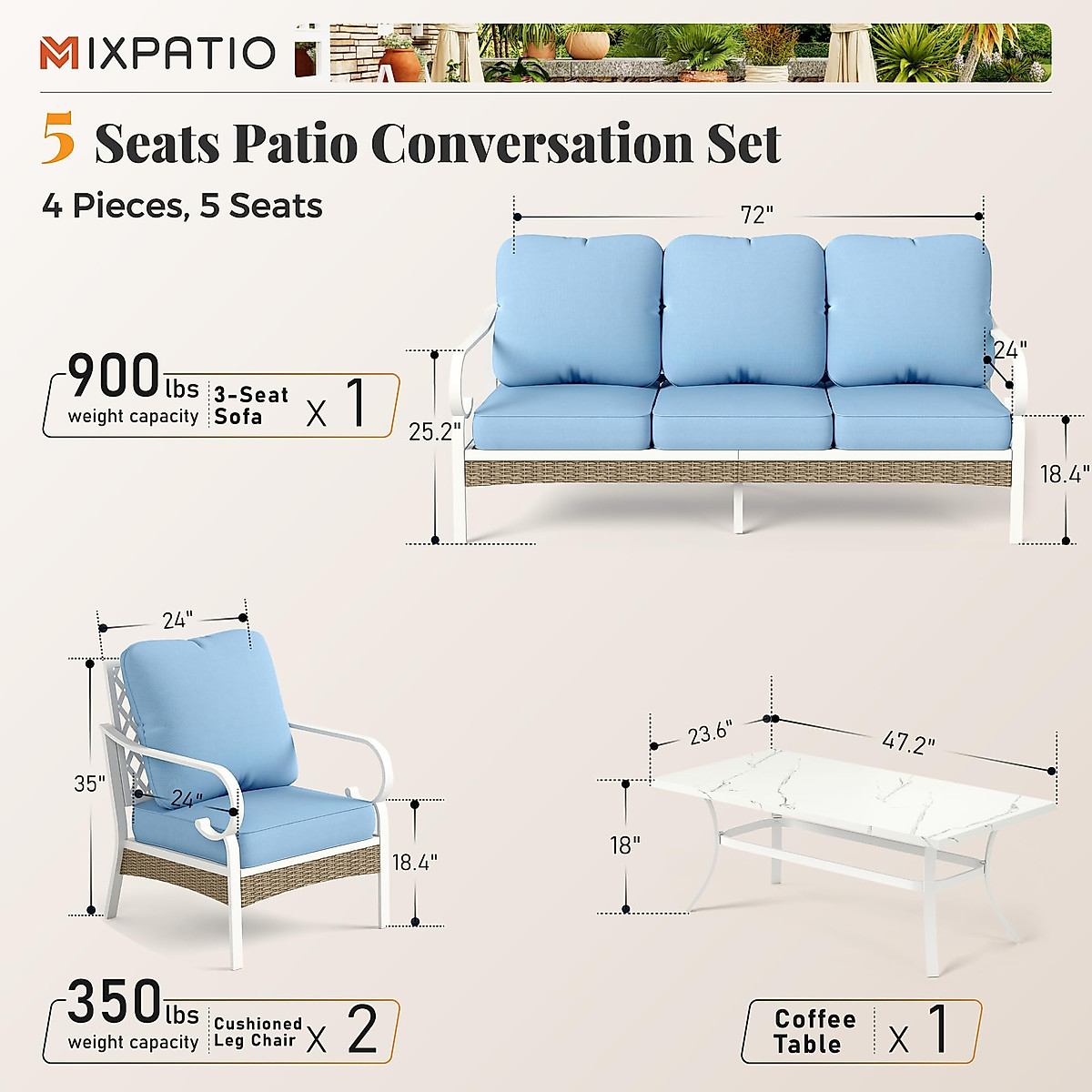 MIXPATIO 4 Piece Patio Furniture Set, 2 x Fixed Chair, 1 x 3-Seat Sofa with Marbling Coffee Table, All Cushioned 5 Seats Outdoor Conversation Set for Lawn Garden Backyard, Blue