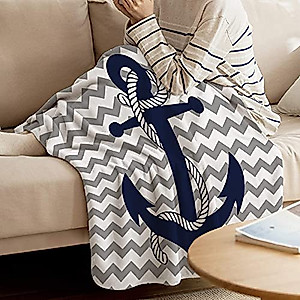 Flannel Fleece Luxury Lightweight Cozy Couch/Bed Super Soft Warm Plush Microfiber Throw Blanket,Nautical Navy Anchor with Gray and White Chevron (40 x 50 Inches)
