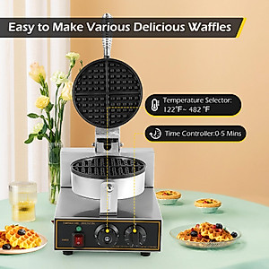 Dyna-Living Waffle Maker Commercial Waffle Maker Machine 110V 1200W Non-stick Waffle Iron Maker Stainless Steel Round Commercial Waffle Maker for Restaurant