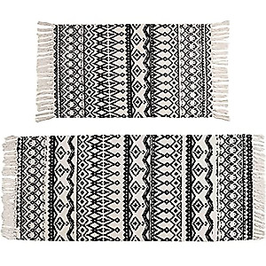 Nicunom 2 Piece Boho Bathroom Rug, 2'x4.2'+2'x3' Geometric Bath Mat, Woven Cotton Rug with Tassels Farmhouse Runner Rugs Machine Washable Boho Carpet for Living Room Kitchen Floor Laundry Room