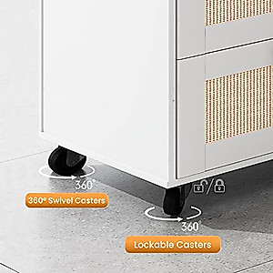 AWQM Wood Filing Cabinet with Lock,3 Drawers Office Storage Cabinet Printer Stand with Open Storage Shelves,Rattan Mobile File Cabinet for Home Office,White