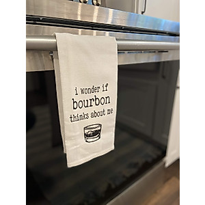 I Wonder If Bourbon Thinks About Me Tea Towel | Dish Towels with Funny Bourbon Whiskey Sayings are Perfect for Home, Bar, or Kitchen | Funny Gift for Old Fashioned Cocktail Lovers